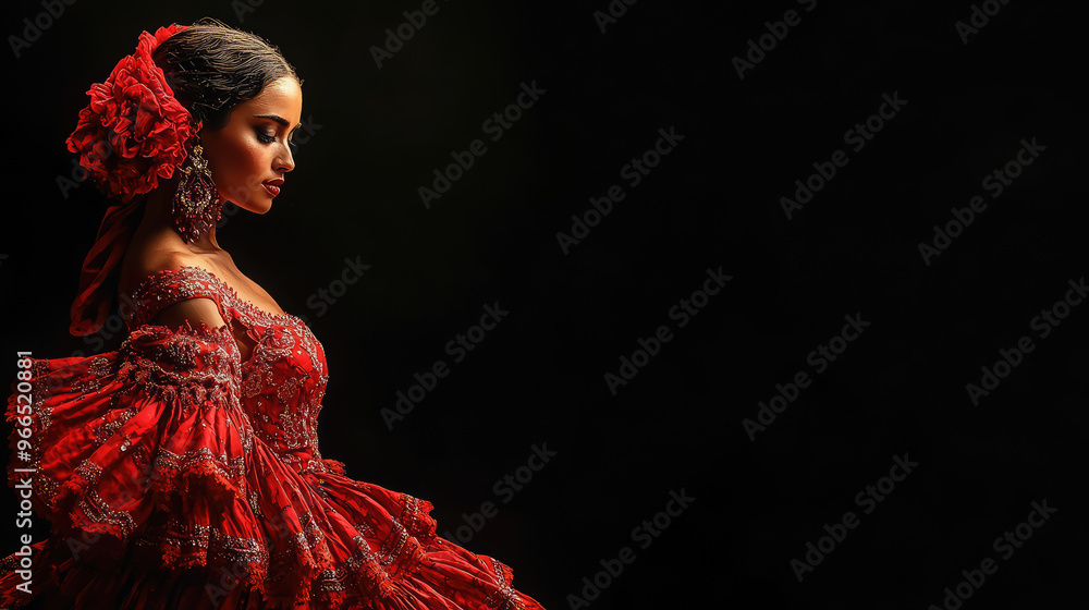 spanish woman in traditional red dress dancing flamenco on dark ...