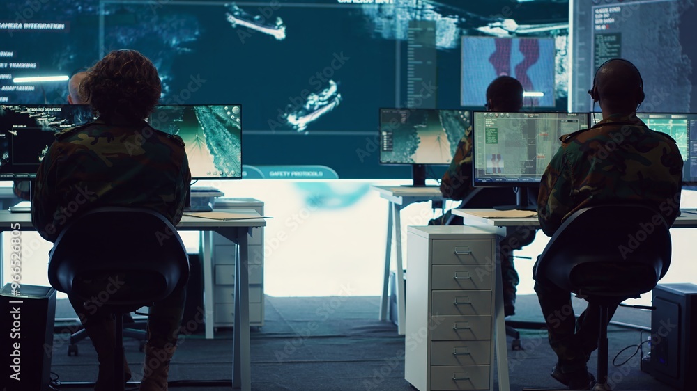 Military crew working in reconnaissance control tower power base ...