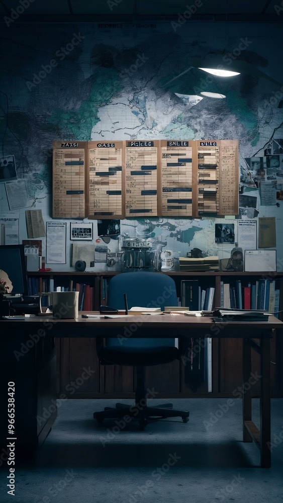 Evidence board with case files or investigation clues on police archive ...