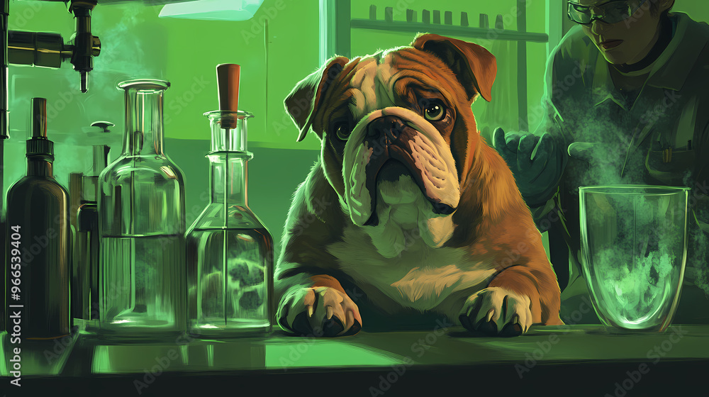 In a secret lab, a scientist sorrowfully experiments on a baby bulldog ...