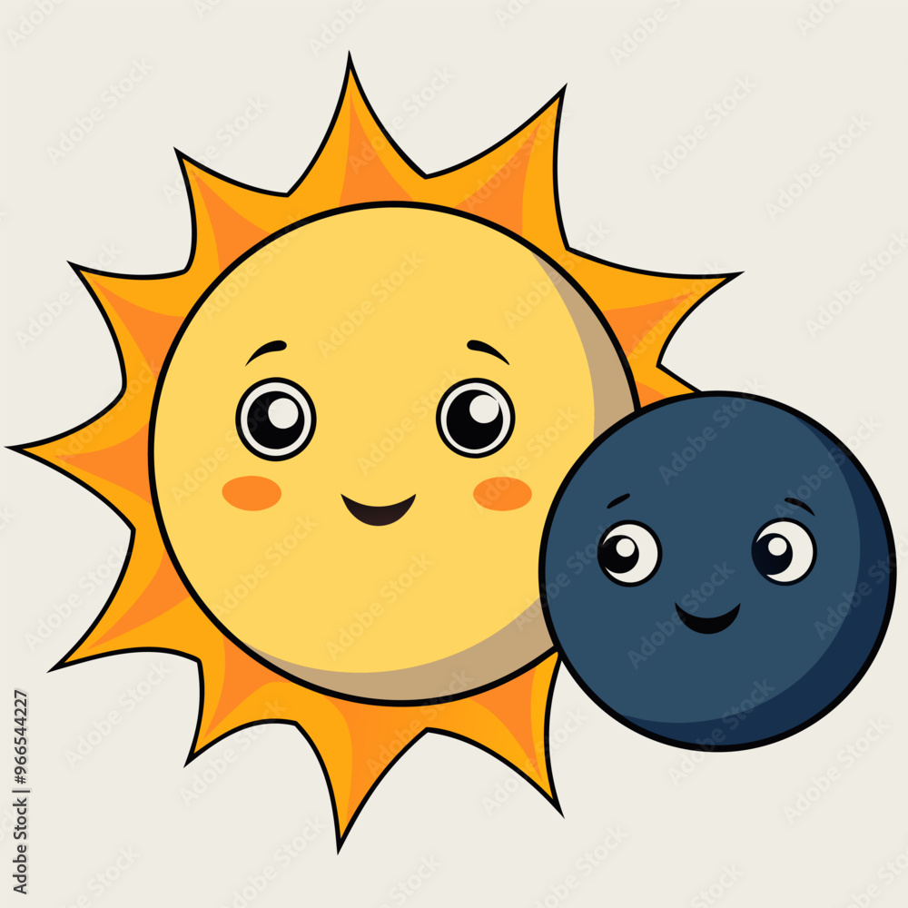 solar eclipse cute cartoon character sun and moon vector illustration ...