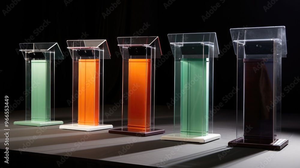 Five empty podiums stand in a row on a stage, ready for speakers to ...