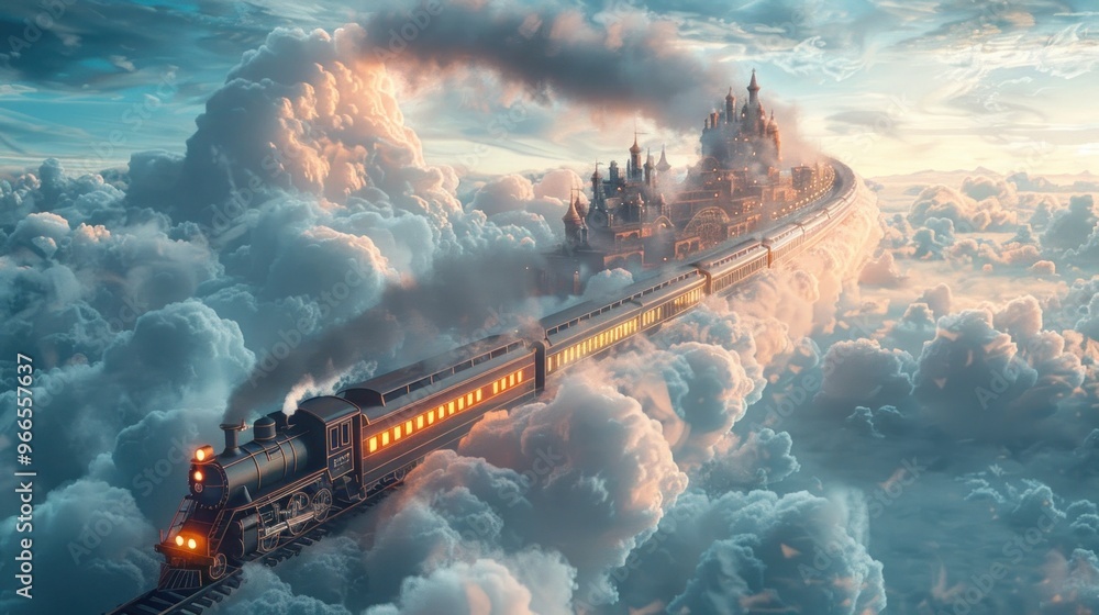 Majestic fantasy steam train journeying through an ethereal cloudscape ...