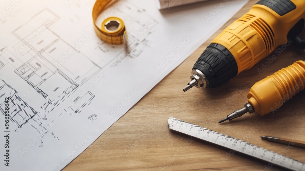 Essential Construction Tools and Materials on Workbench with Blueprints ...