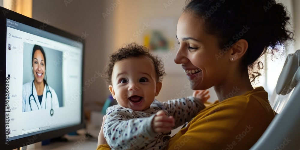 During a telehealth appointment, a young mother holds her baby as the ...