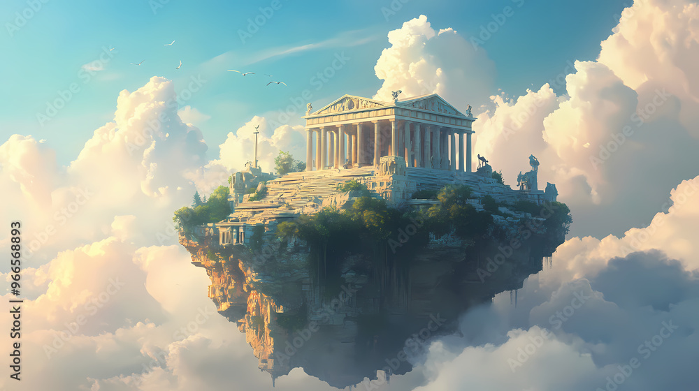Ethereal greek temple atop floating island clouds and mystery abound ...