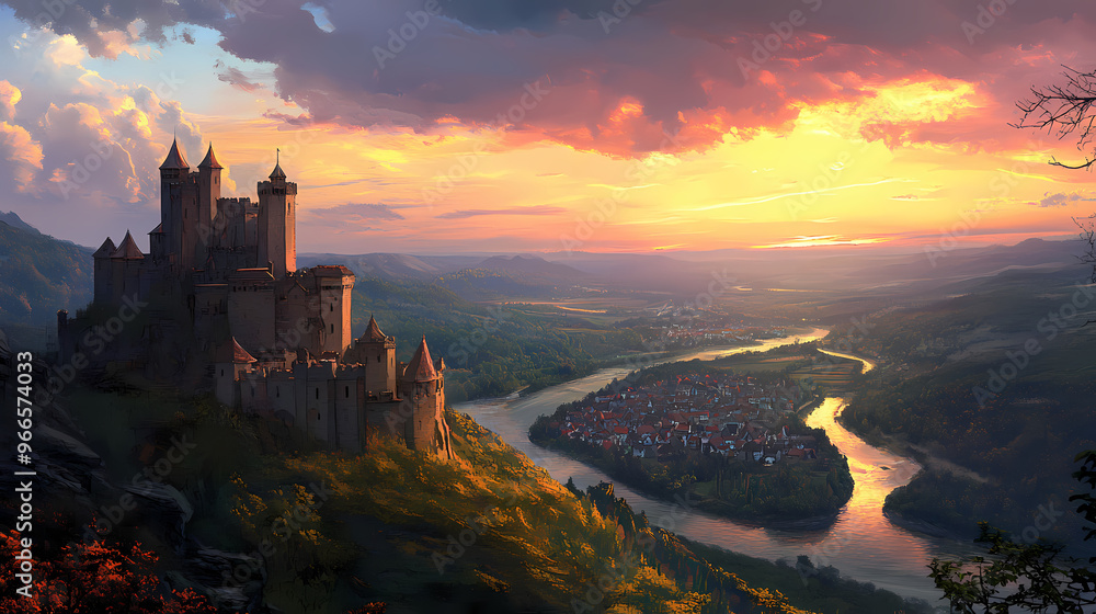 Medieval castle on a hilltop overlooking a serene valley with a river ...