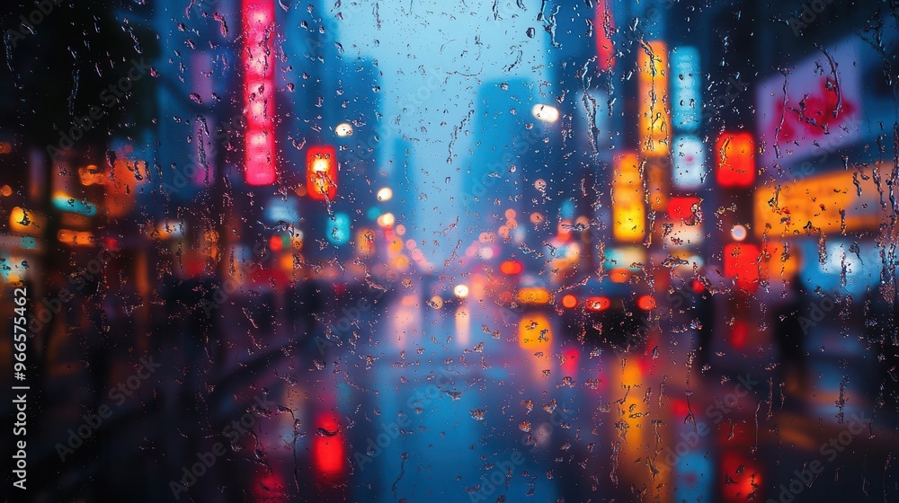 atmospheric cityscape viewed through a rainstreaked window neon lights ...