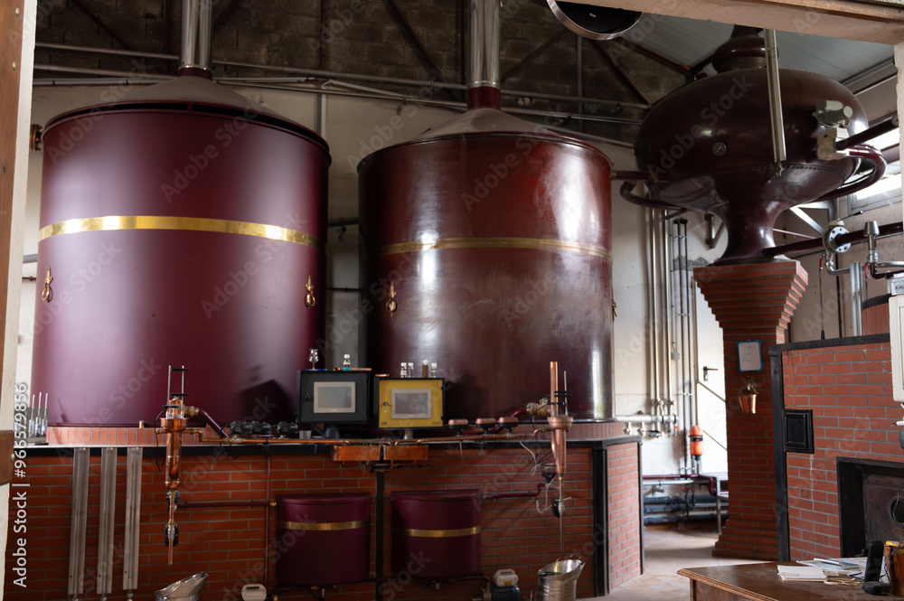 Double distillation process of cognac spirit in Charentias copper ...