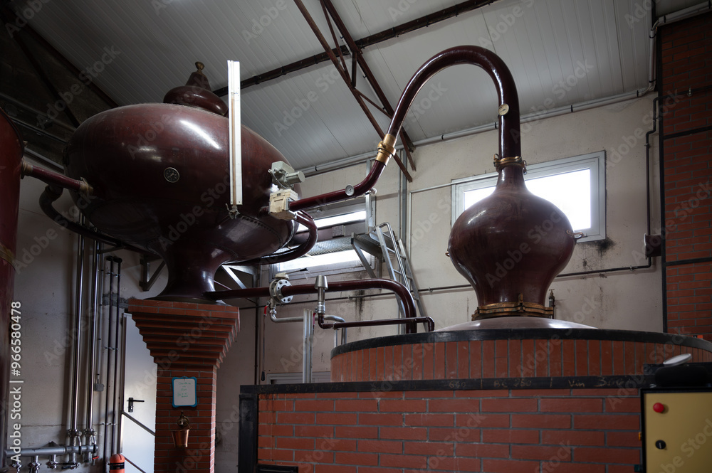Double distillation process of cognac spirit in Charentias copper ...