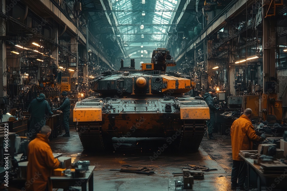 bustling military factory interior with engineers assembling hightech ...