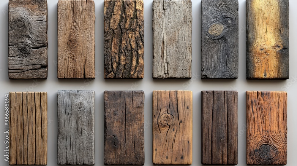 A set of rustic pine wood beams and coarse wood planks, each with unique textures, arranged in a ...