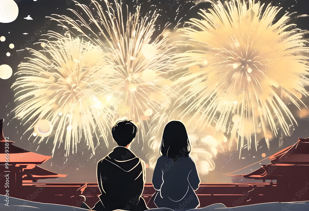 fireworks over the lake, happy new year celebration, Two people ...