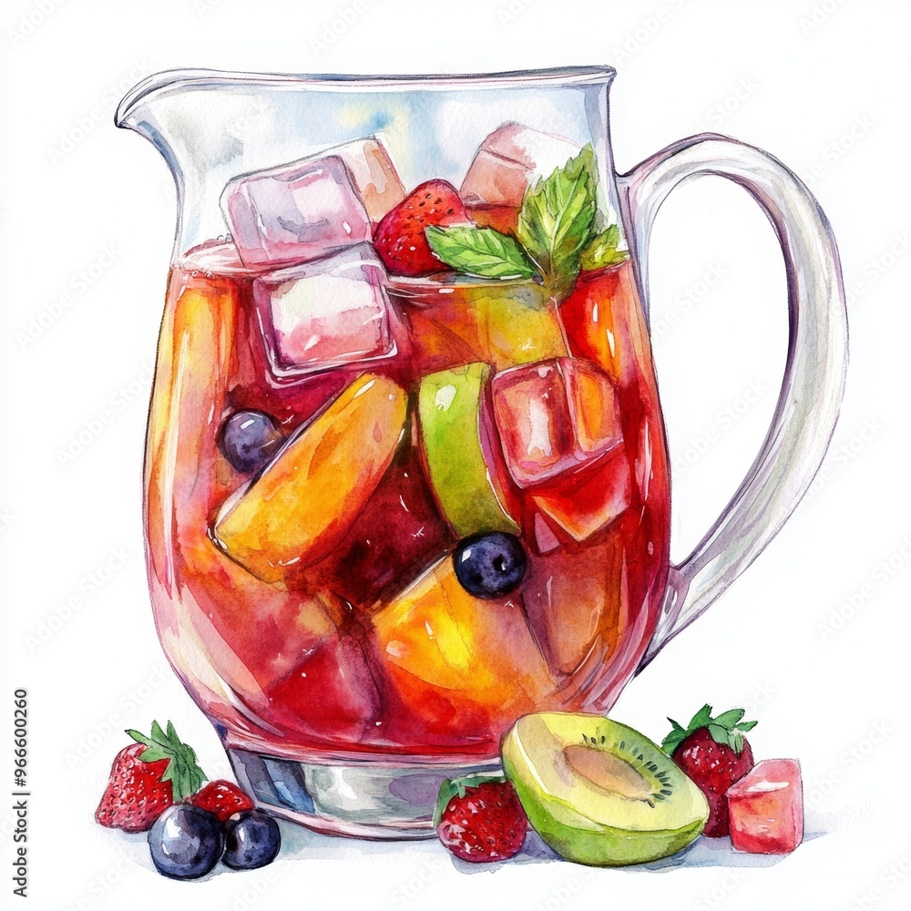 Colorful watercolor illustration of a sangria pitcher clipart, isolate ...