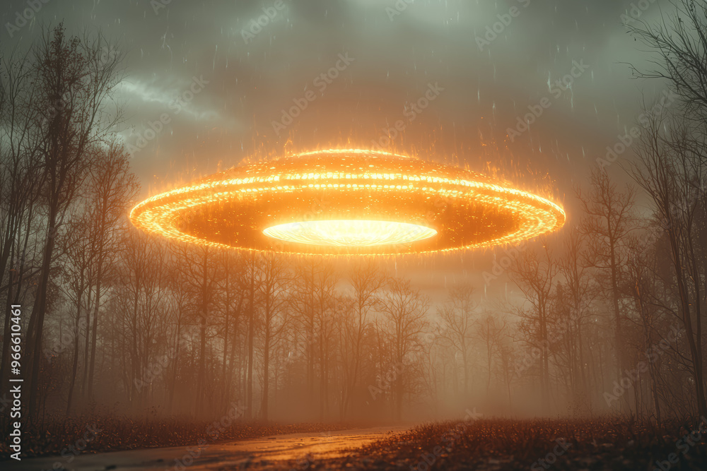 A glowing, elliptical UFO moving steadily across a cloudy twilight sky ...