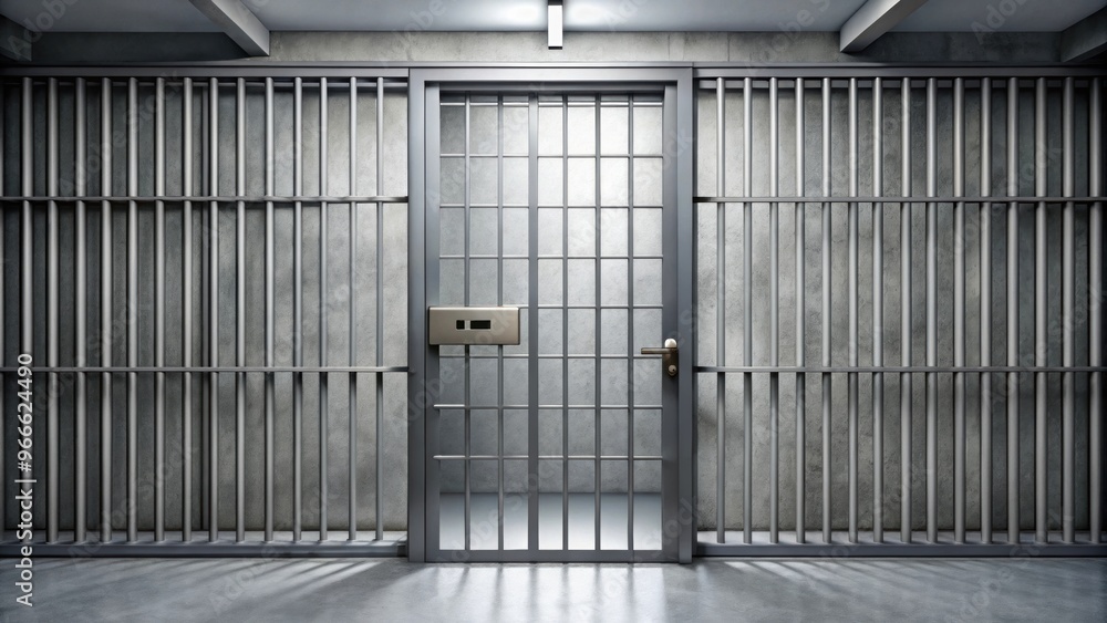 of a prison cell with metal bars, closed cell door, and keys ...
