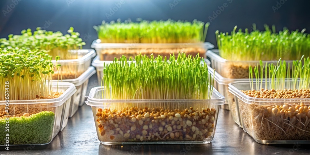Wheat microgreens germinating in plastic containers under special ...