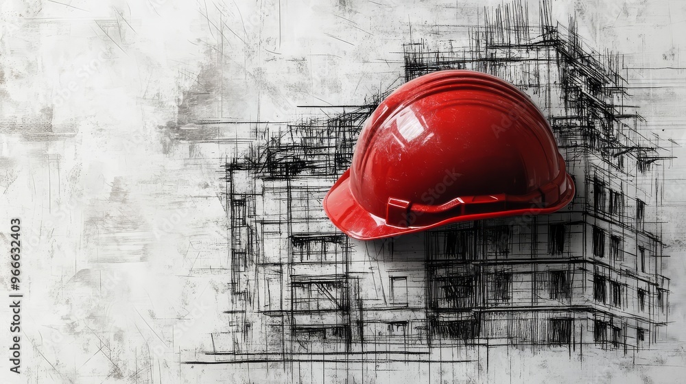 Red hard hat on architectural sketch, symbolizing construction ...