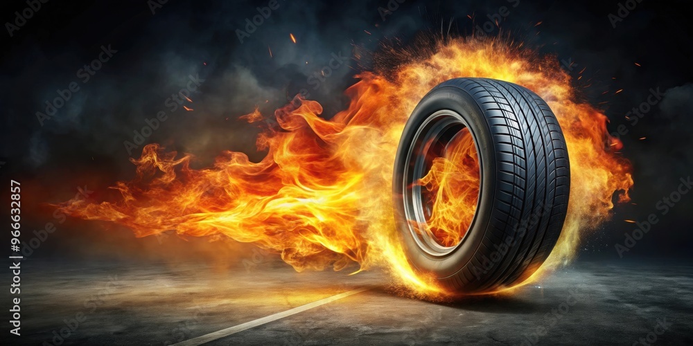 Flaming tire leaving fiery trail with lightning speed, speed, fire ...