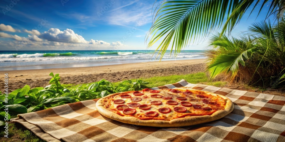 Pepperoni pizza on picnic blanket at beach with ocean view and tropical ...