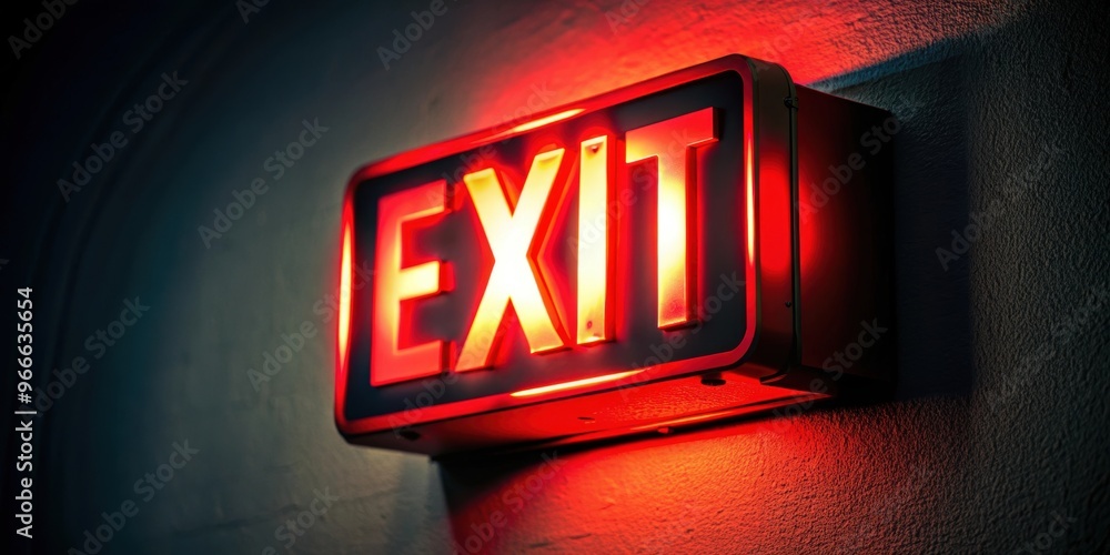 Brightly lit exit sign in a dark room , emergency, safety, evacuation ...