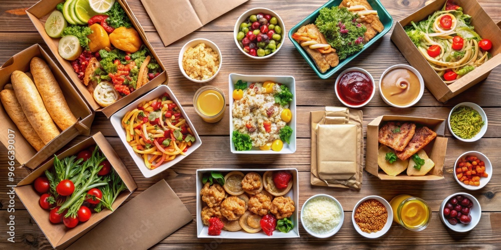 Top view of various food items in cartons for food delivery concept ...