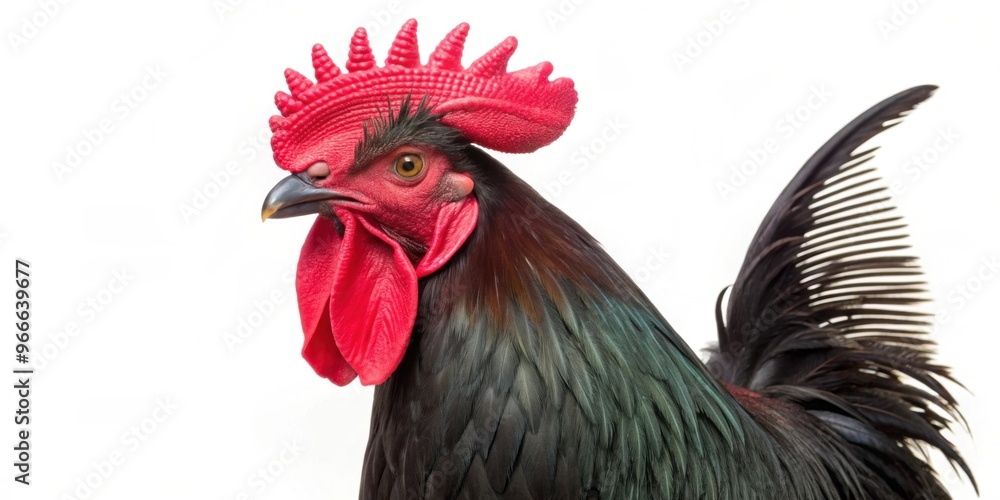 Black australorp rooster with red comb flying on isolated background ...