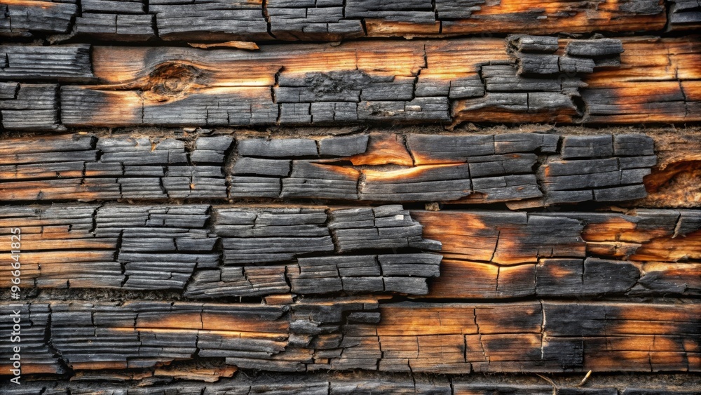Charred wood texture from a fire disaster, burnt, blackened, damaged ...