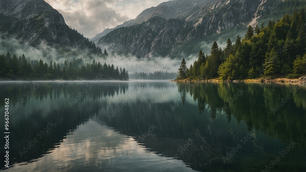 Misty mountain lakes. A serene lake lies nestled between towering ...