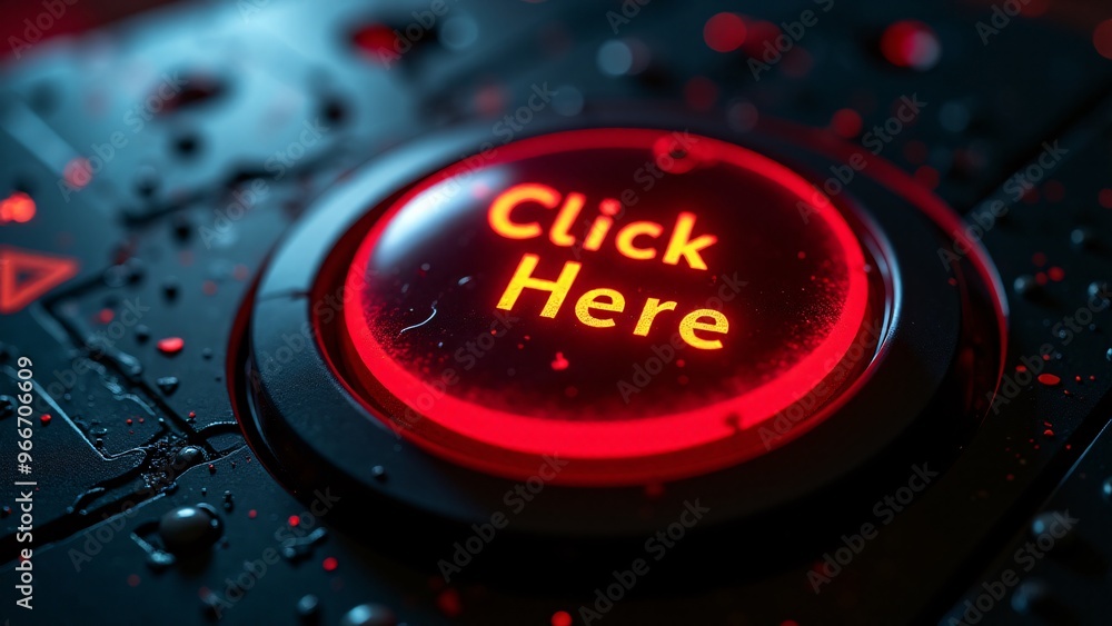 Close-up images of a red "Click Here" button glowing in a high-tech ...