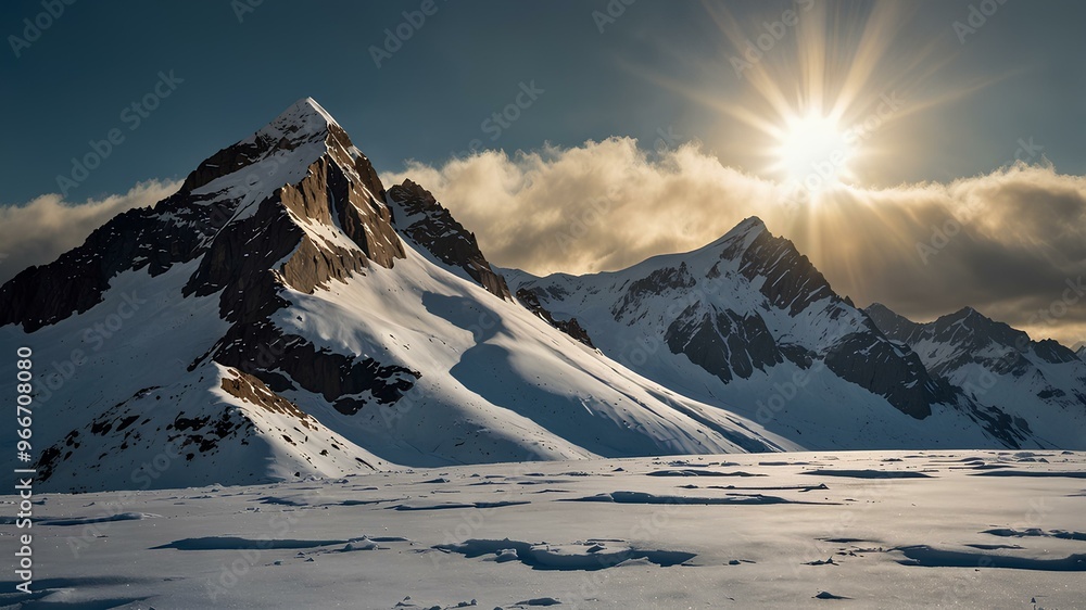 Ice-capped mountain peaks. Towering mountains covered in snow and ice ...