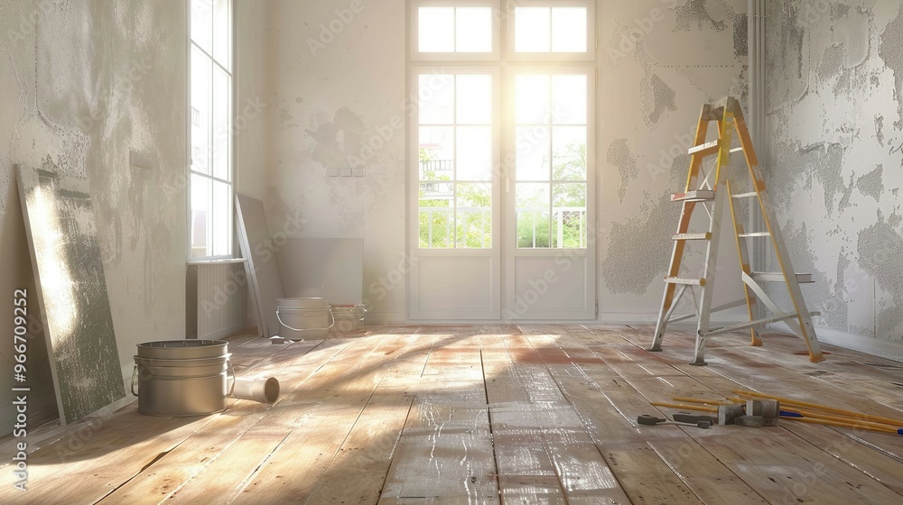 Home or Office Construction Project: Empty Room with Painting Equipment ...