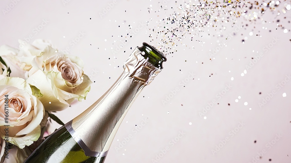 champagne bottle is open, popping with glitter, plain background ...