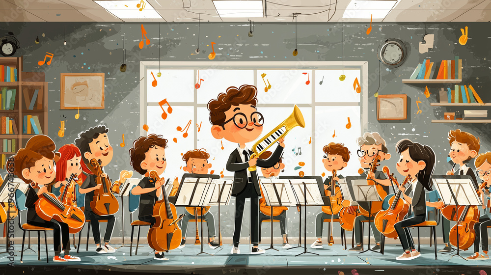 A cartoon music class with kids playing oversized instruments, musical ...