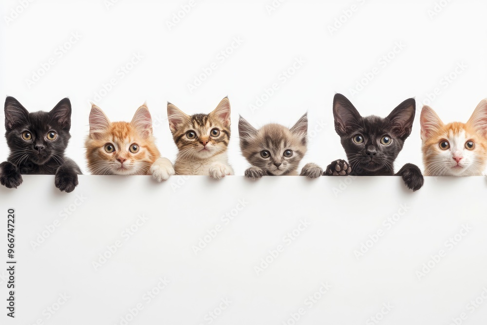 Row of heads of dogs and cats with paws up hanging over a blank white ...