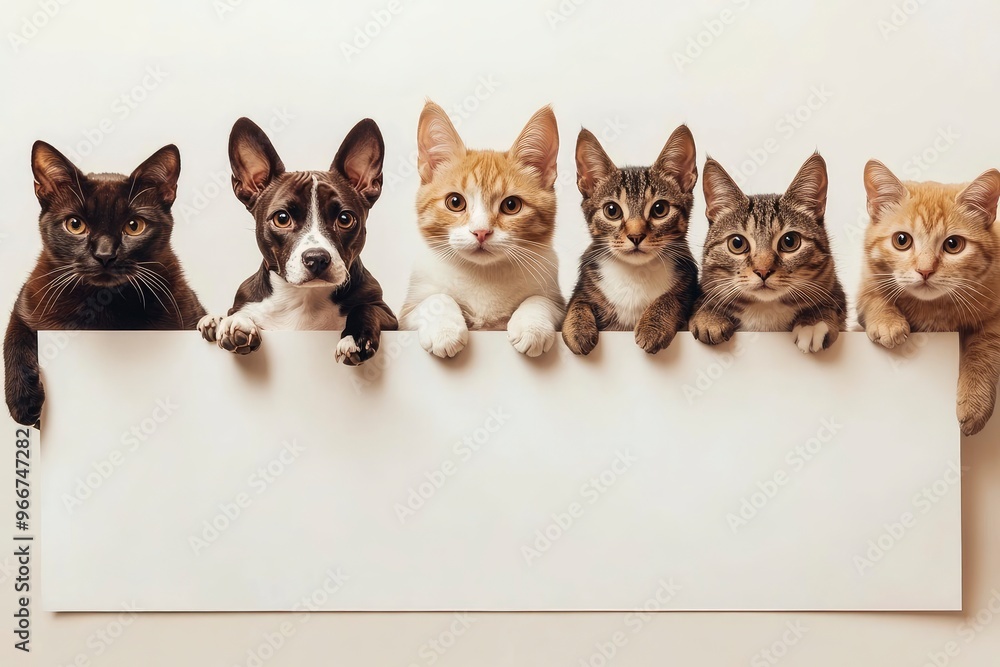 Row of heads of dogs and cats with paws up hanging over a blank white ...
