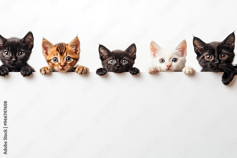 Row of heads of dogs and cats with paws up hanging over a blank white ...