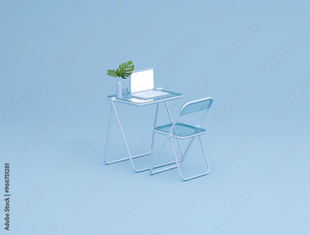 Pastel blue monochrome minimal office table desk. Minimal idea concept ...