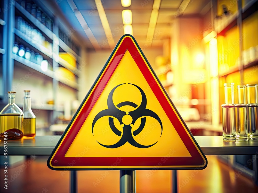 A brightly illuminated warning sign with a bold, red biohazard symbol ...
