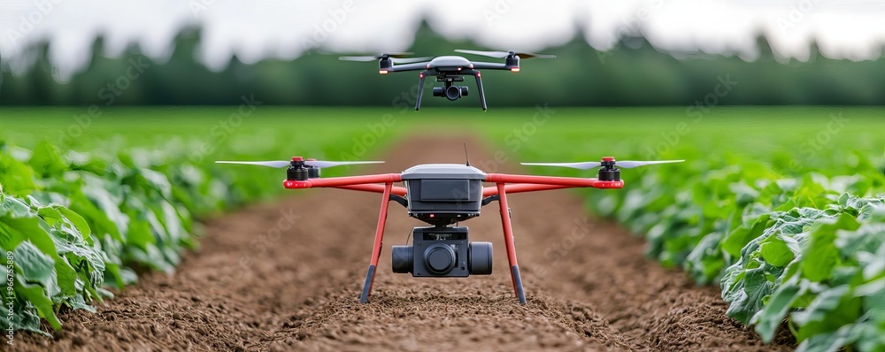 Automation in agriculture, highlighting drones flying over fields ...