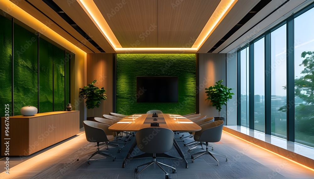 Sleek modern conference room featuring green wall and ambient lighting ...