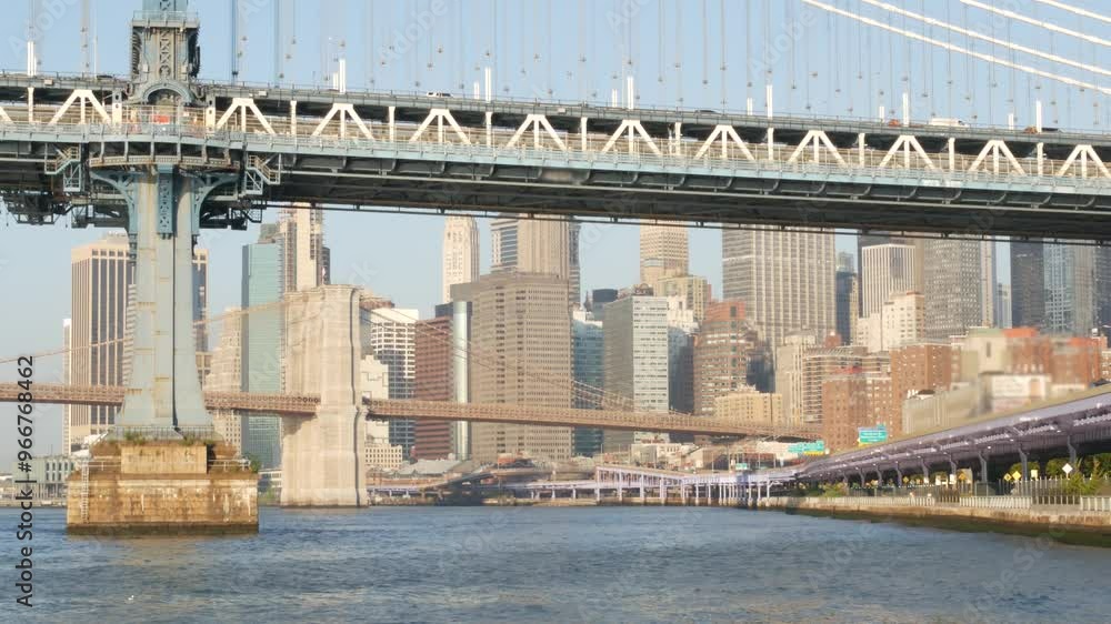 New York City Manhattan Bridge to Brooklyn. Waterfront downtown skyline ...