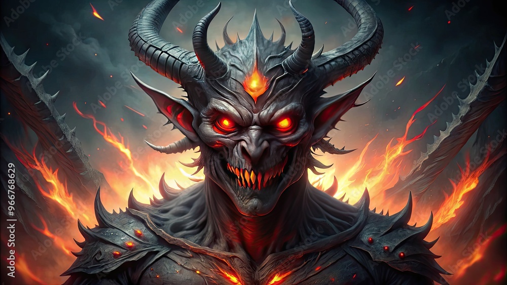 A hauntingly sinister horned creature with glowing red eyes and razor ...