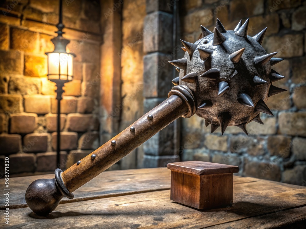 A medieval-style mace weapon with spiked iron ball and wooden handle ...