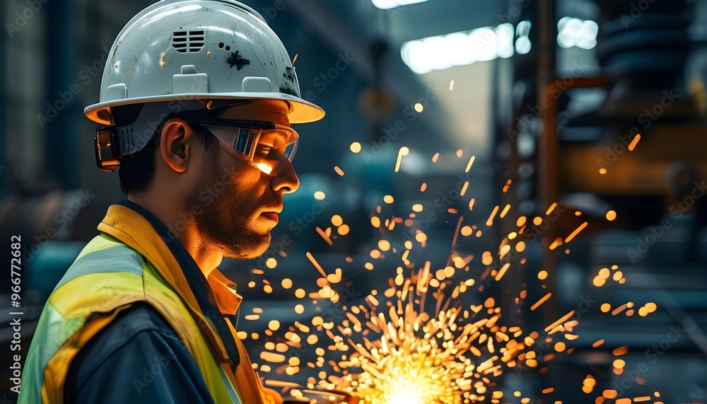 Safety amidst sparks: industrial worker in hard hat and safety glasses ...