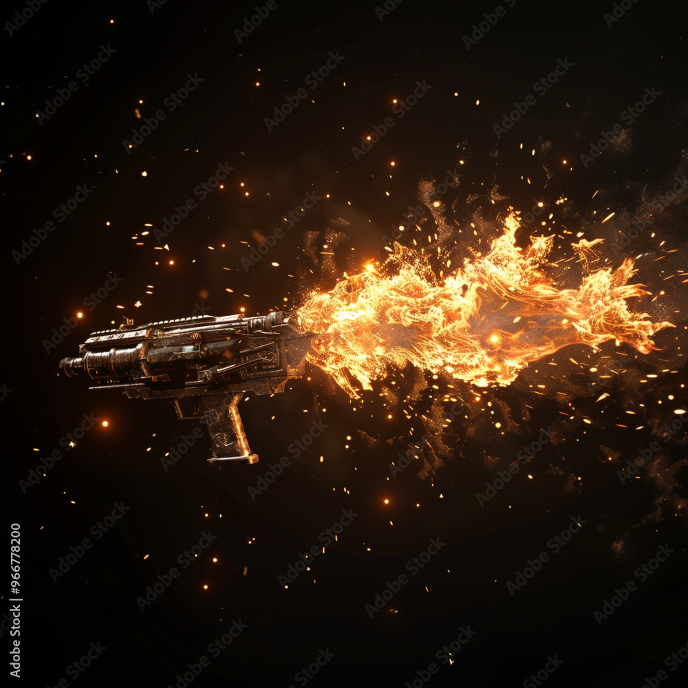 Sci-Fi Handheld Weapon Firing Flames with Explosive Sparks Stock ...