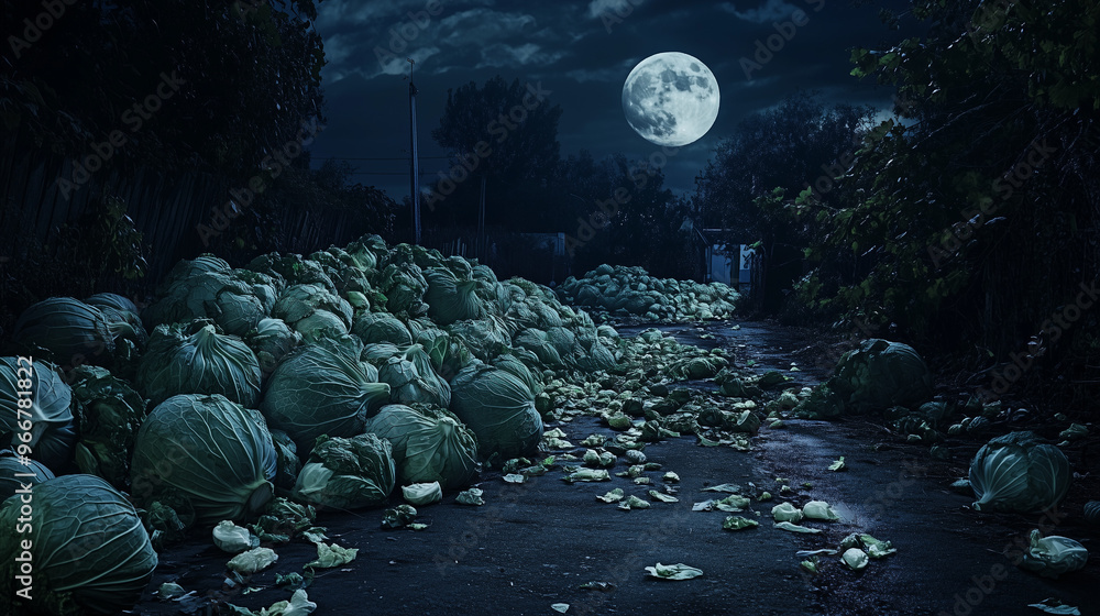 Cabbage Night, dark night scene in the suburbs with piles of cabbage ...
