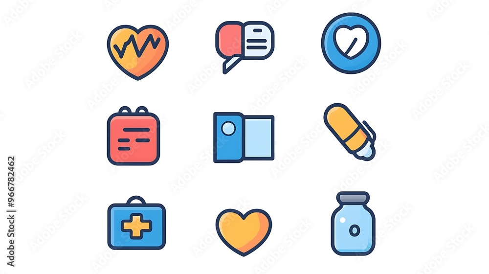 Minimalistic 2D icon set for a health app, featuring icons for ...
