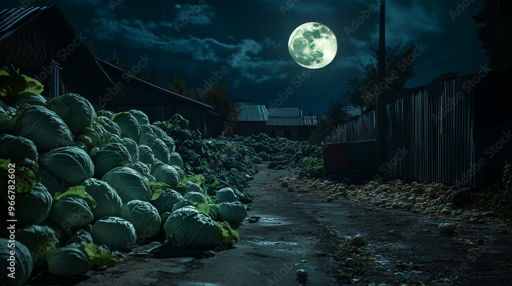 Cabbage Night, dark night scene in the suburbs with piles of cabbage ...