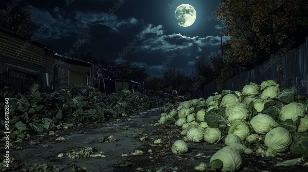 Cabbage Night, dark night scene in the suburbs with piles of cabbage ...